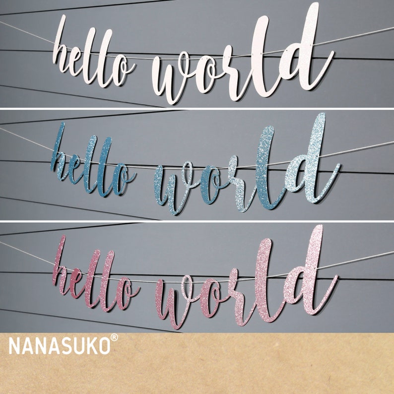 Hello World Banner, Baby Shower Banner, Gold Glitter Party Decorations ...