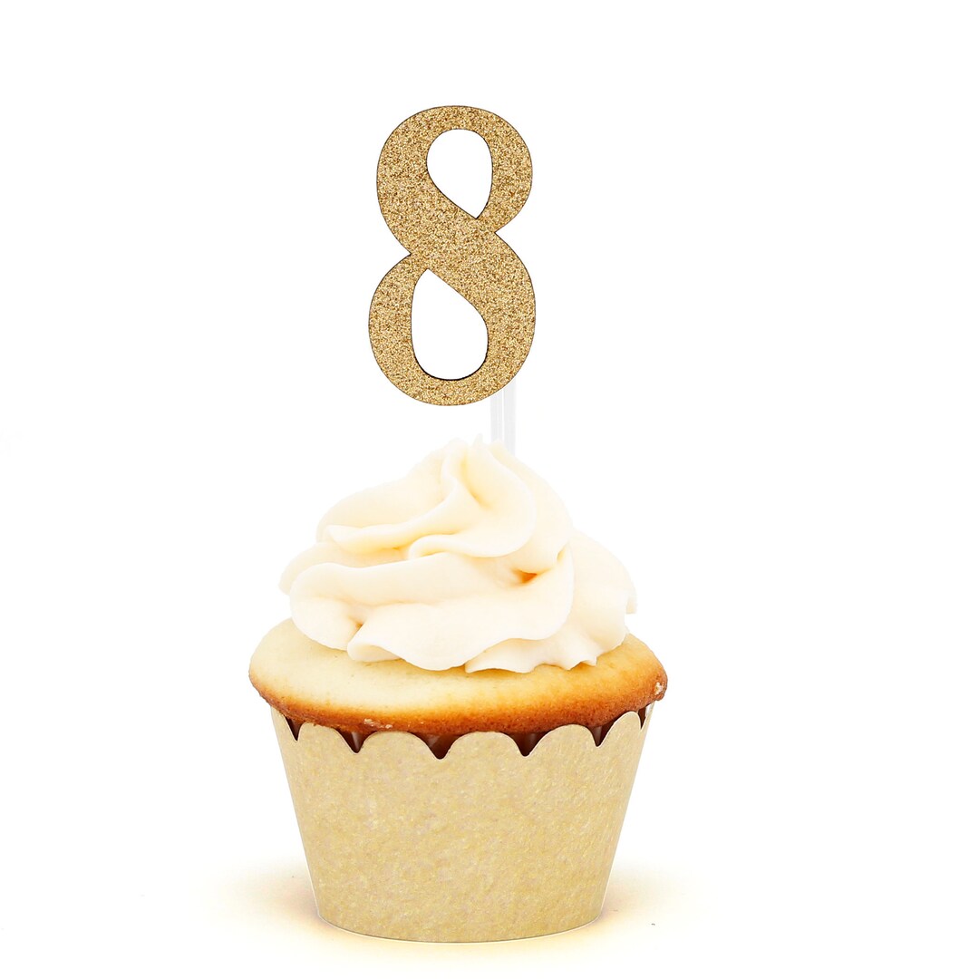 8 Cupcake Toppers, 8th Birthday Cupcake Toppers, Double Sided, Gold ...