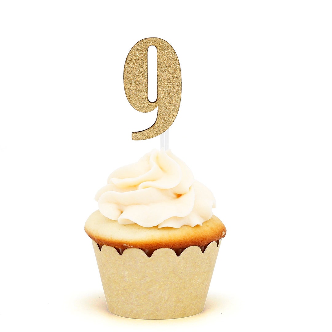 9 Cupcake Toppers, 9th Birthday Cupcake Toppers, Double Sided, Gold ...