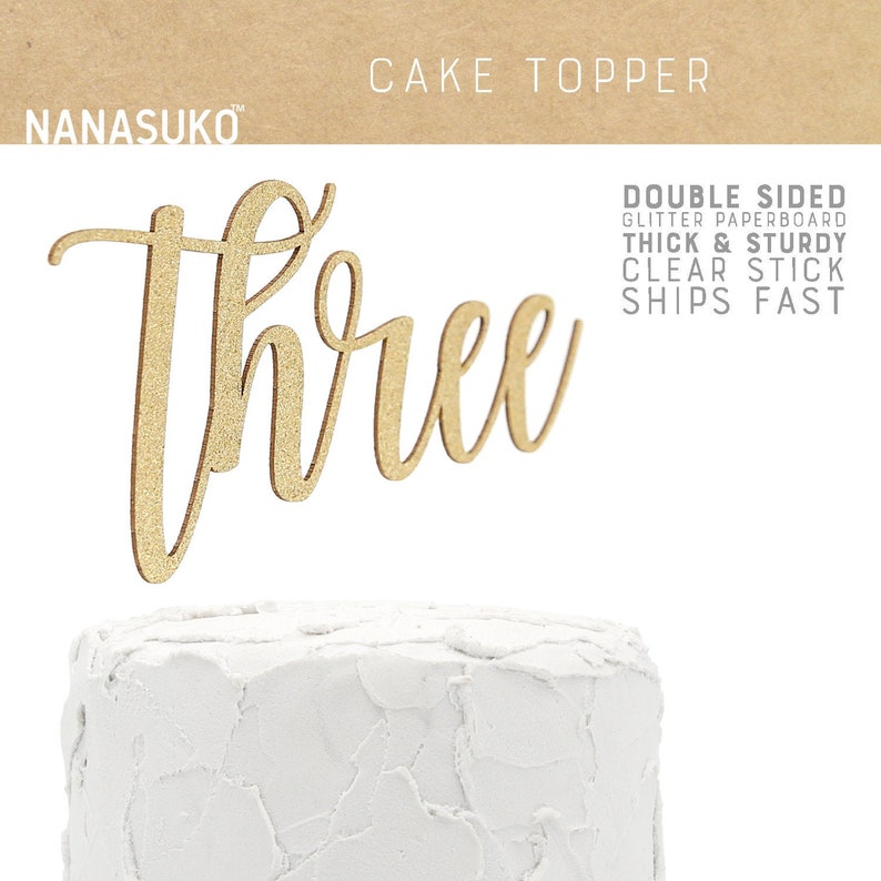 Three Cake Topper, 3rd Birthday Cake Topper, Gold Glitter Party ...