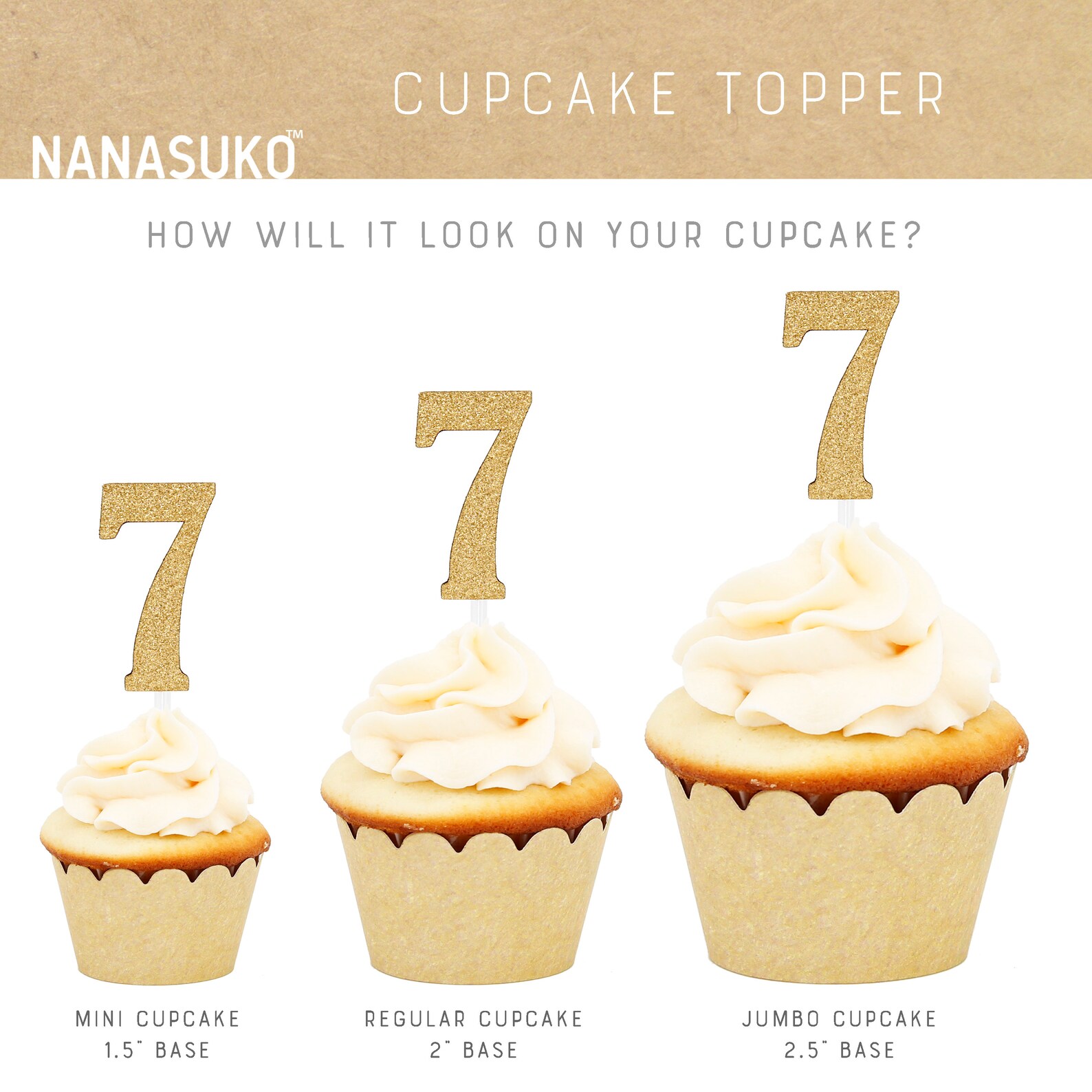 7 Cupcake Toppers, 7th Birthday Cupcake Toppers, Double Sided, Gold ...