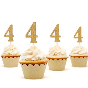 4 Cupcake Toppers, 4th Birthday Cupcake Toppers, Double Sided, Gold ...