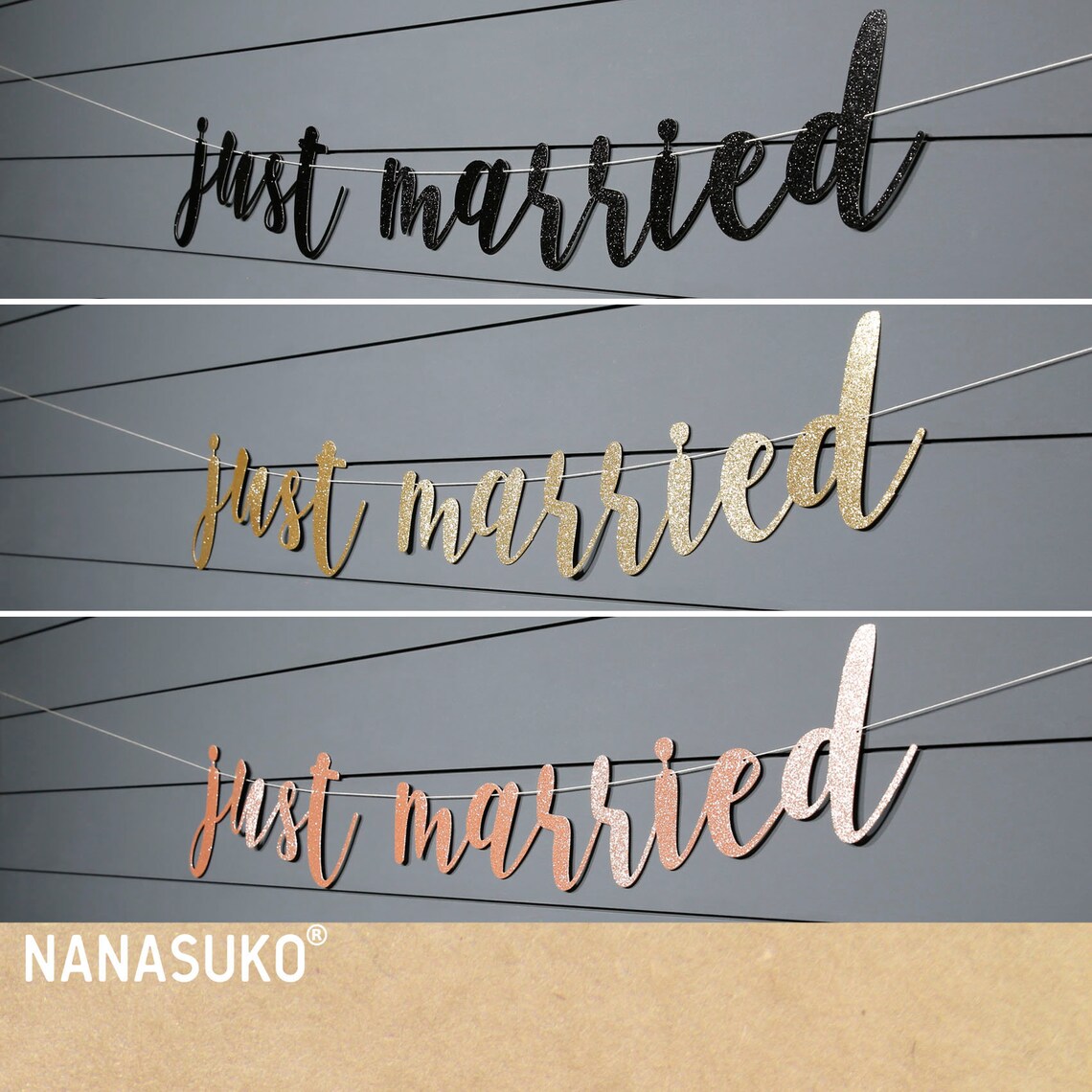 Just Married Silver Banner Wedding Banner Gold Glitter Party - Etsy