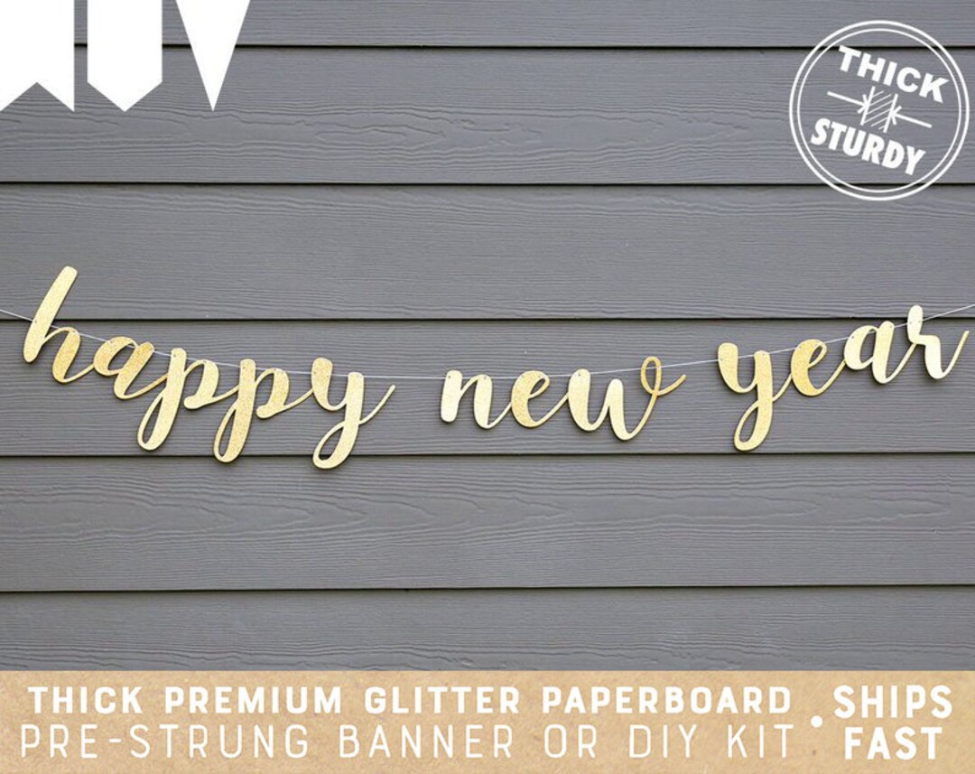 Happy New Year Banner, Glitter Party Decorations, Mantle Decor, Cursive ...