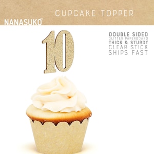 10 Cupcake Toppers, 10th Birthday Cupcake Toppers, Double Sided, Gold ...