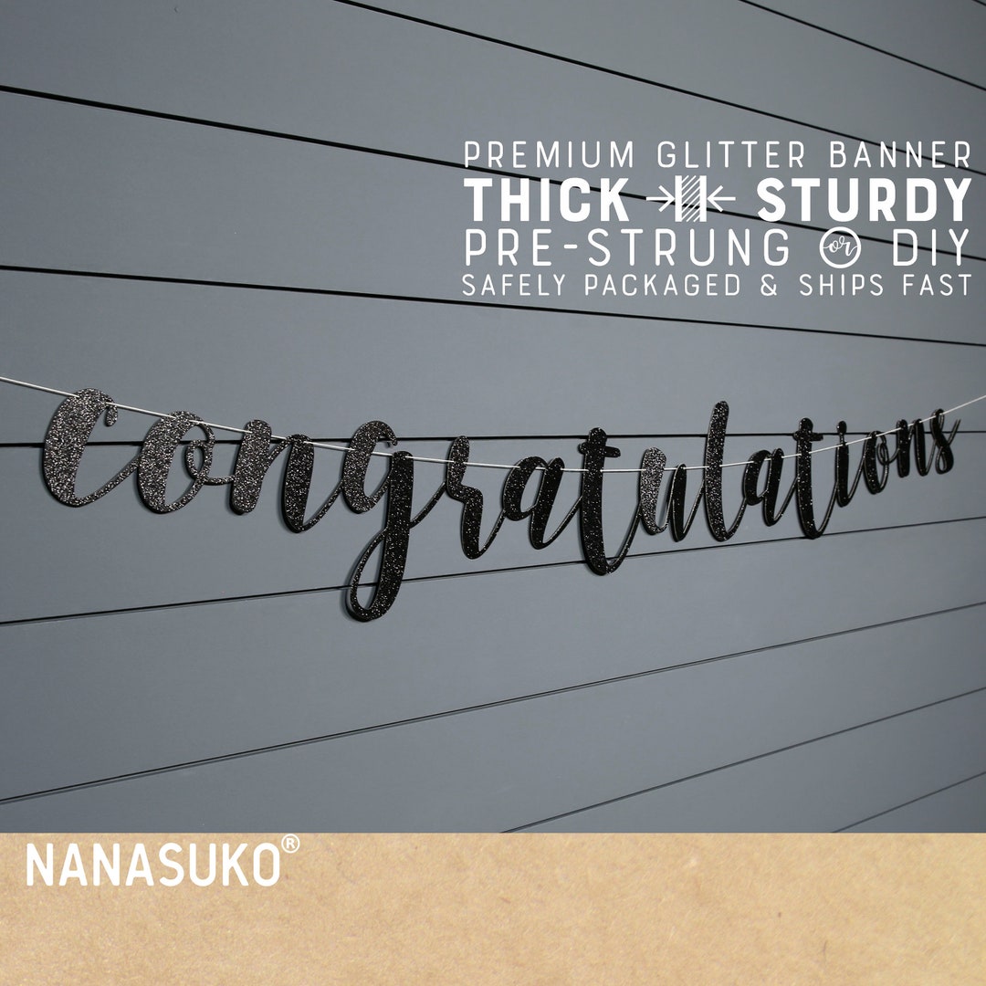Congratulations Black Banner, Graduation Party Decor, Black Glitter ...