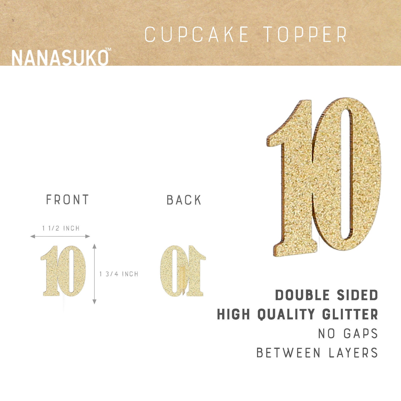 10 Cupcake Toppers, 10th Birthday Cupcake Toppers, Double Sided, Gold ...
