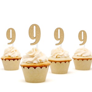 9 Cupcake Toppers, 9th Birthday Cupcake Toppers, Double Sided, Gold ...