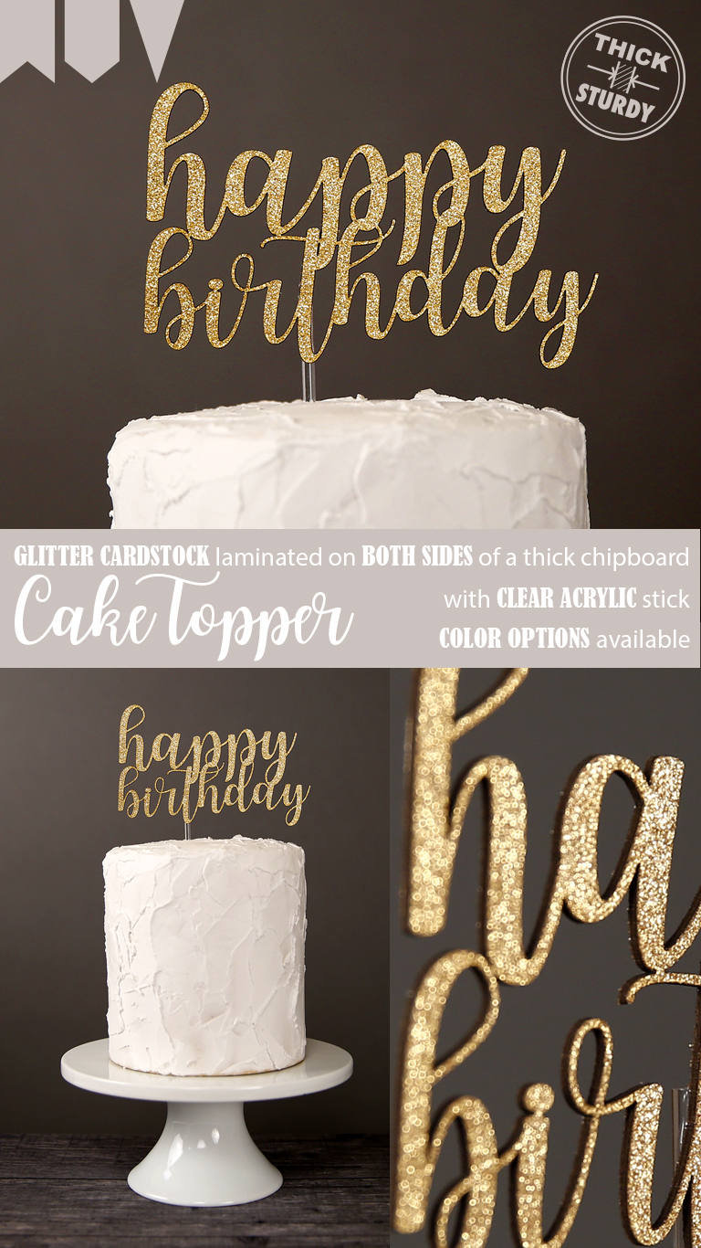 Happy Birthday cake topper cursive lettering Gold Glitter | Etsy