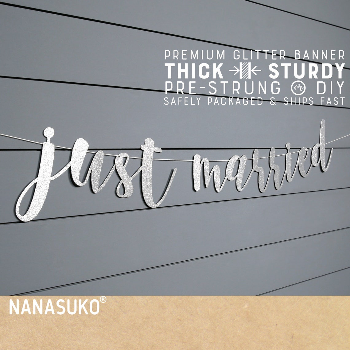 Just Married Silver Banner Wedding Banner Gold Glitter Party - Etsy