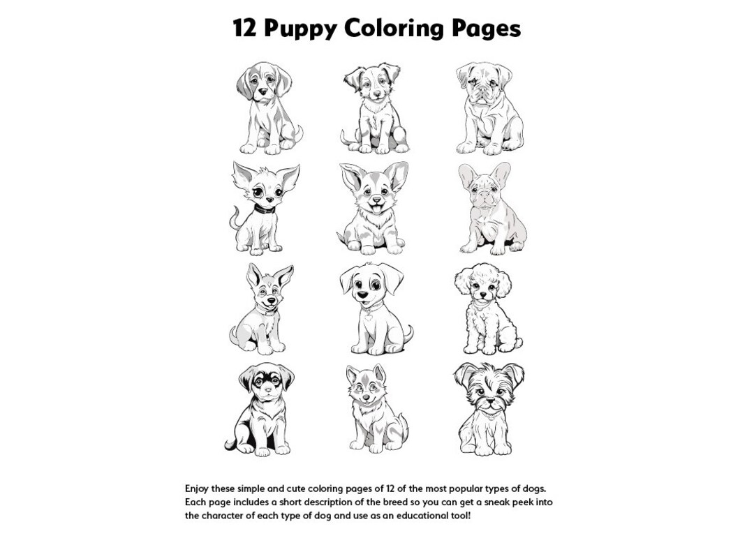 Puppy Coloring Book With Cute Descriptions 12 Coloring Pages - Etsy