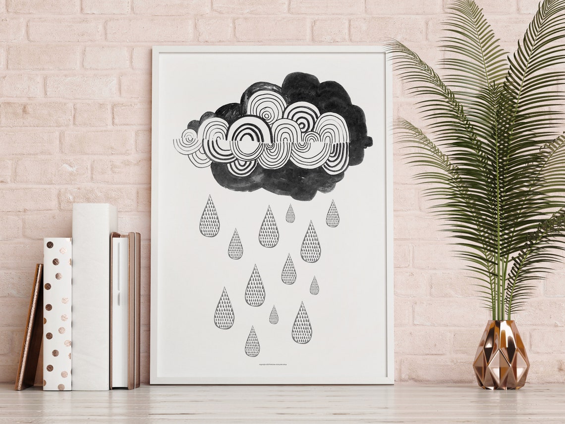 Rain Cloud Print Raindrop Nursery Decoration, Rainy Day Cloud With ...