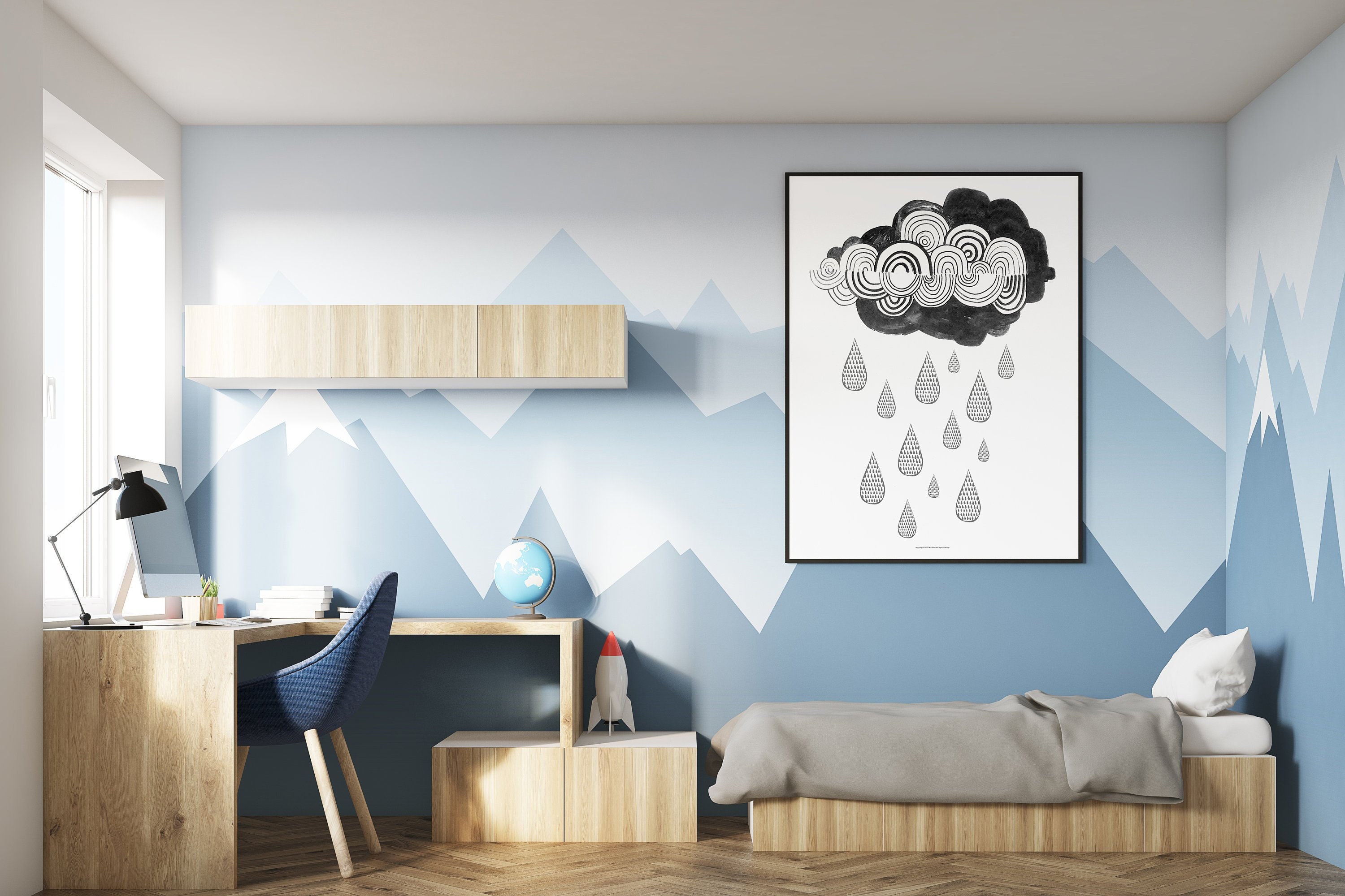 Rain Cloud Print Raindrop Nursery Decoration, Rainy Day Cloud With ...