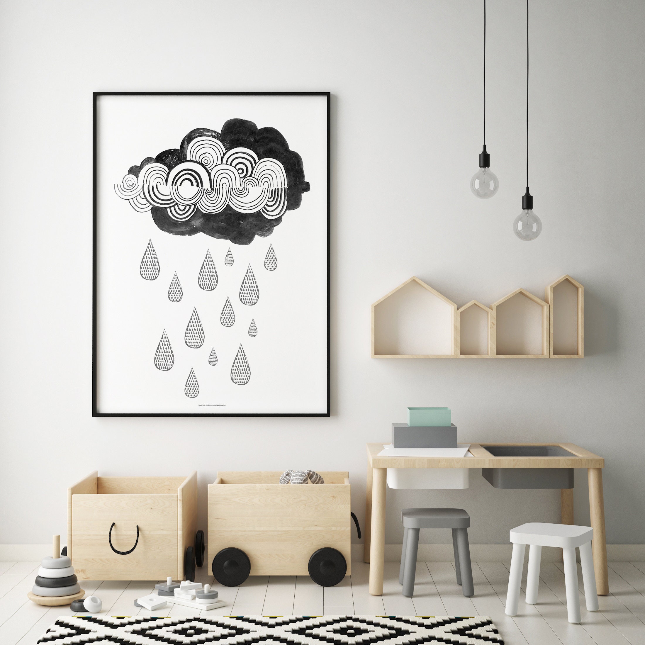 Rain Cloud Print Raindrop Nursery Decoration, Rainy Day Cloud With ...