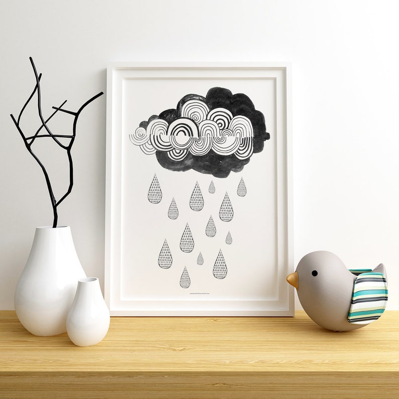 Rain Cloud Print Raindrop Nursery Decoration, Rainy Day Cloud With ...