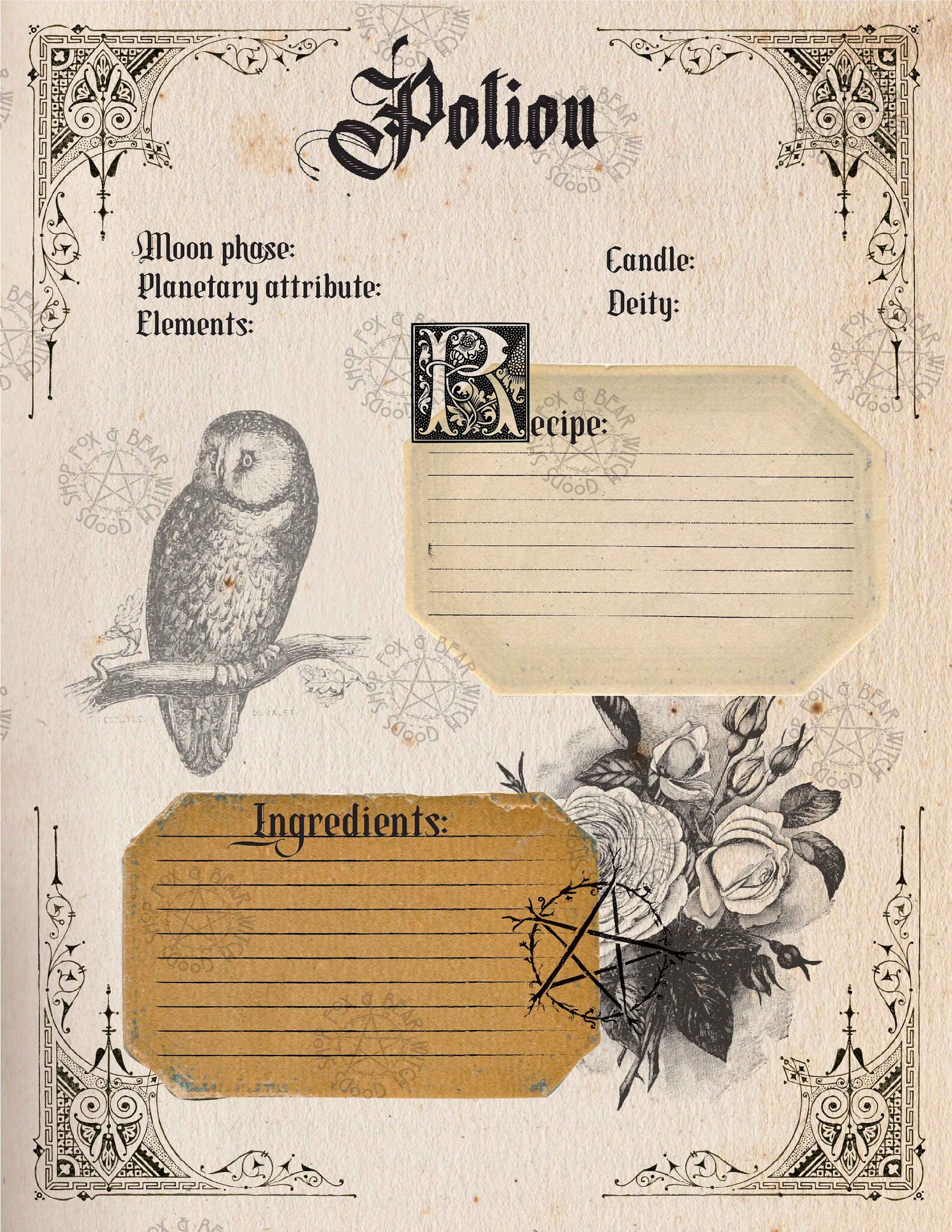 WITCH GRIMOIRE PAGES Book of Shadows Printable Set of 3 Pages Skull Owl ...