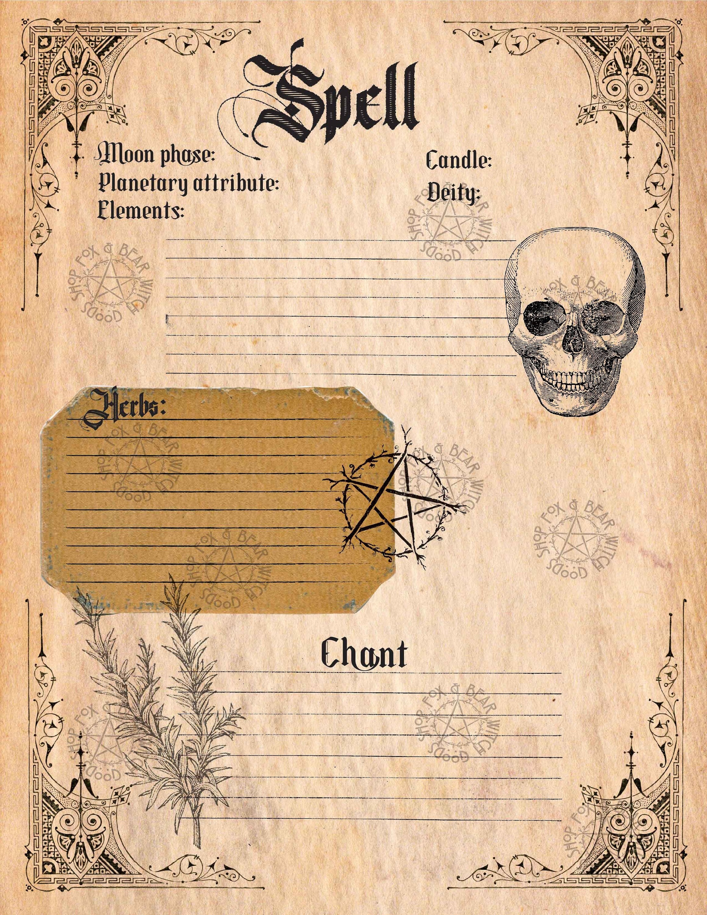 WITCH GRIMOIRE PAGES Book of Shadows Printable Set of 3 Pages Skull Owl ...