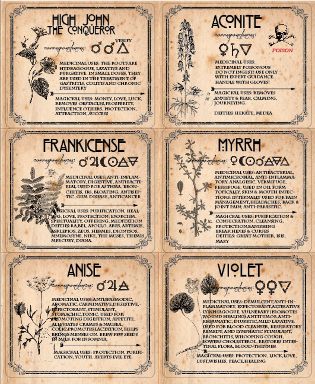 WITCH HERB LABELS Printable 6 Herbs Set 3 Frankincense Myrrh Aconite ...