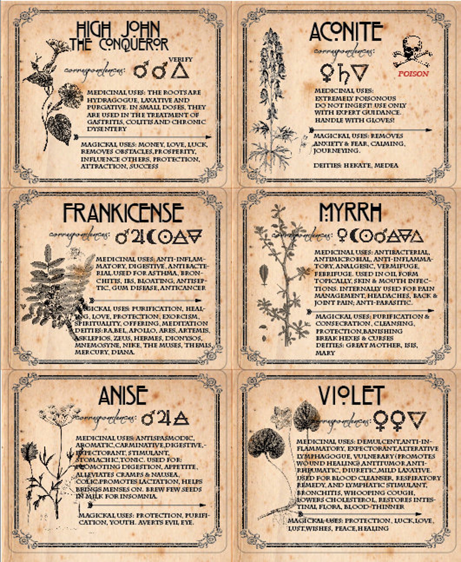WITCH HERB LABELS Printable 6 Herbs Set 3 Frankincense Myrrh Aconite ...