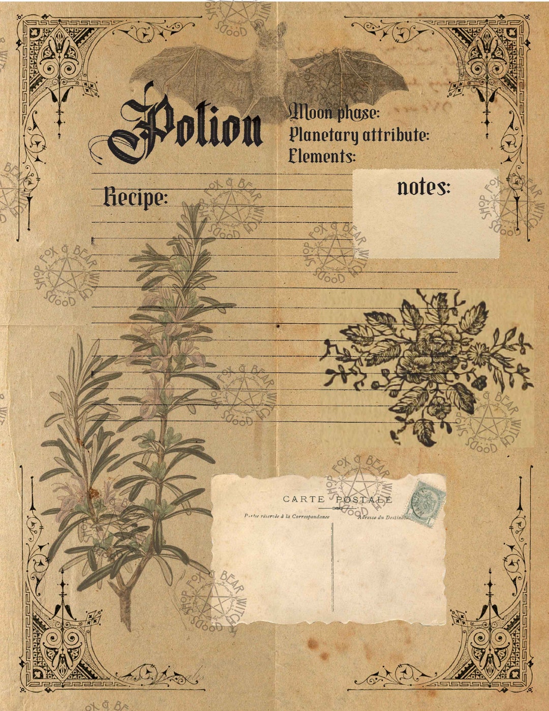 WITCH GRIMOIRE PAGES Book of Shadows Printable Set of 3 Pages Bat Bear ...