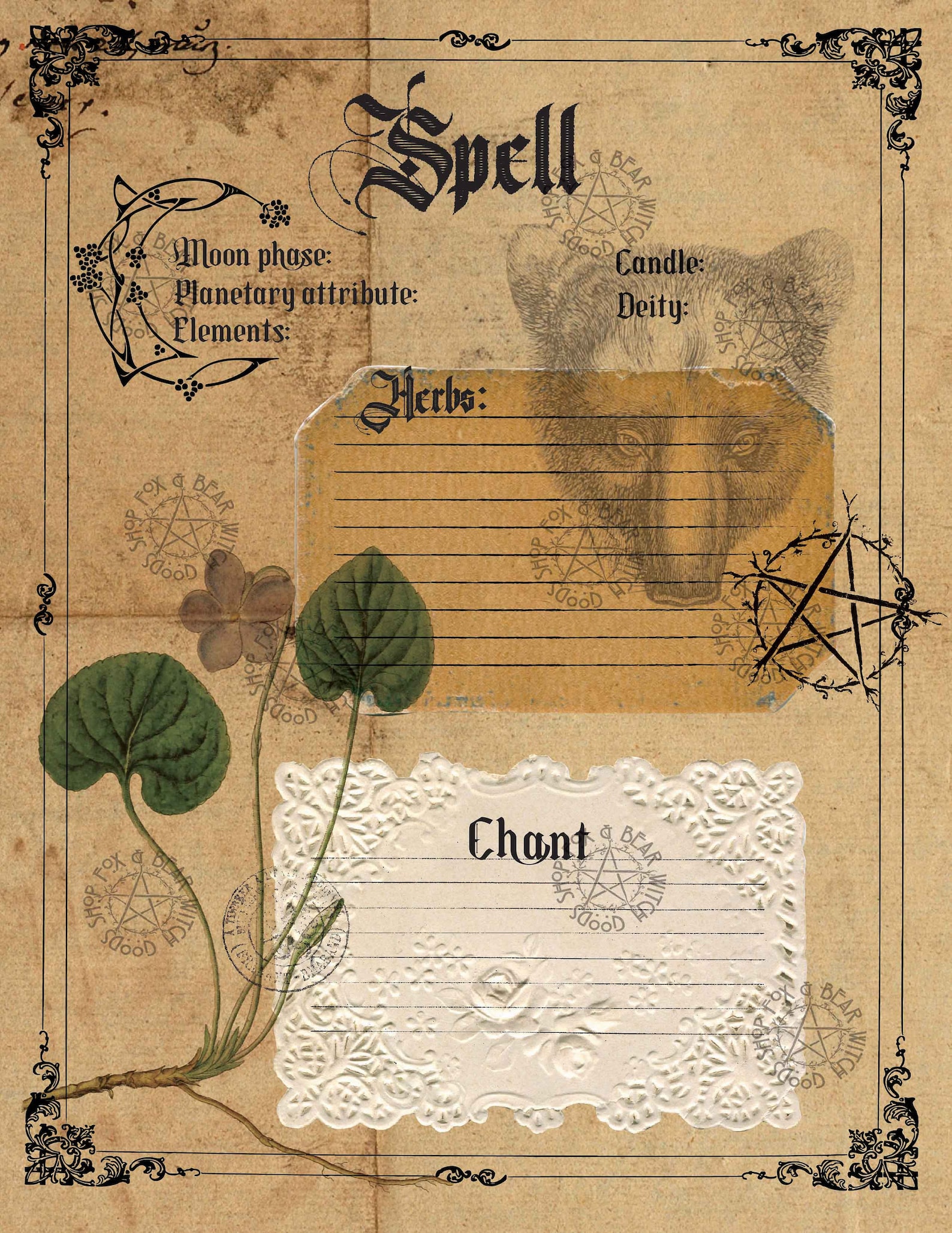 WITCH GRIMOIRE PAGES Book of Shadows Printable Set of 3 Pages Bat Bear ...