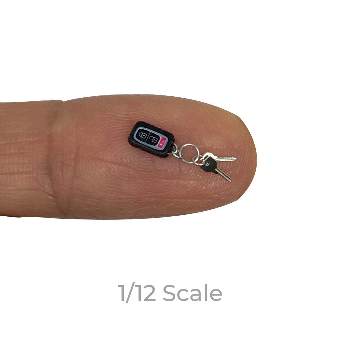 1/12 Scale Miniature Modern Key Chain With Car Fob and Silver Metal ...