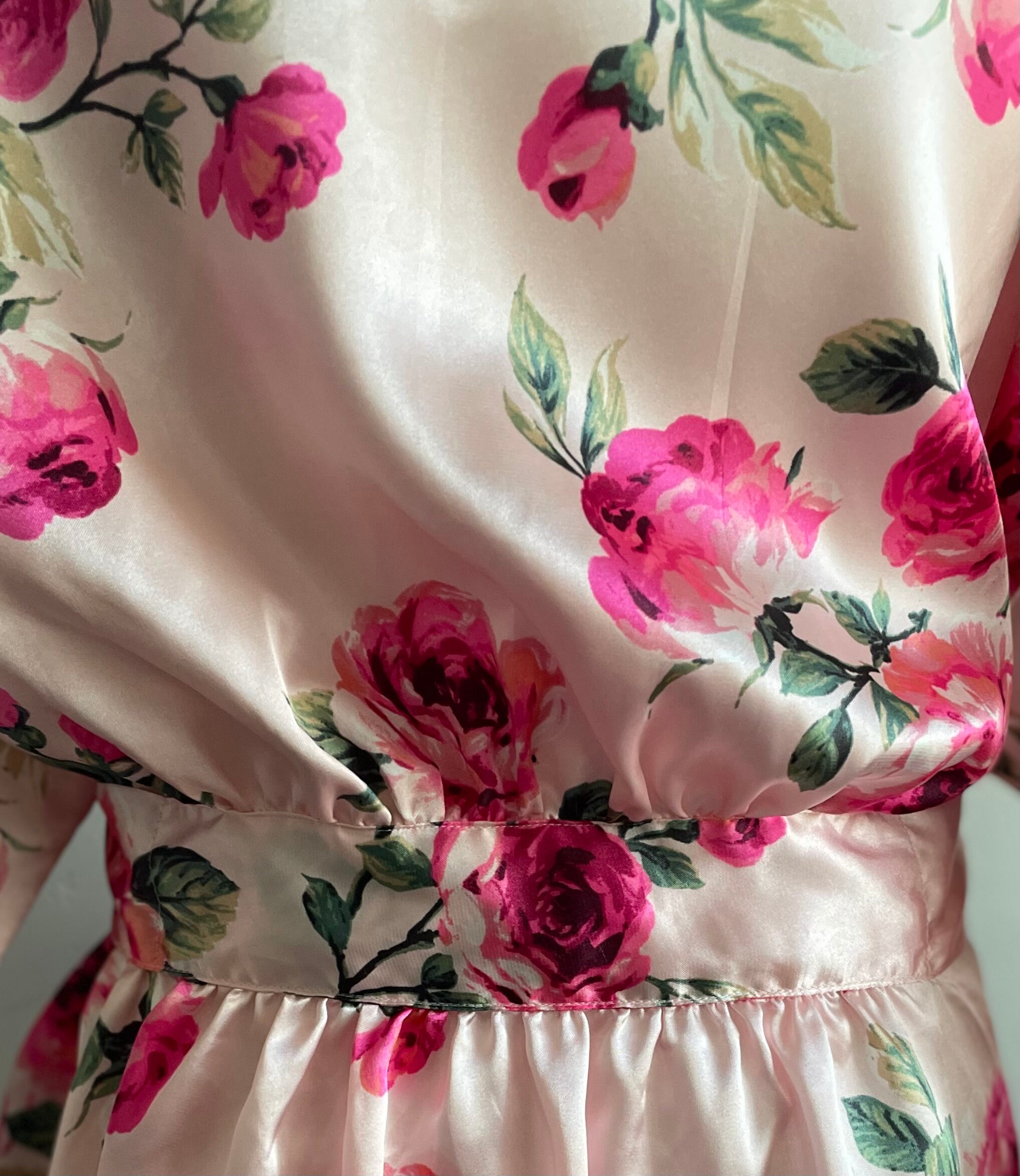 1980s Pink Floral Print Satin Robe Vintage Dressing Gown L/XL Floral ...