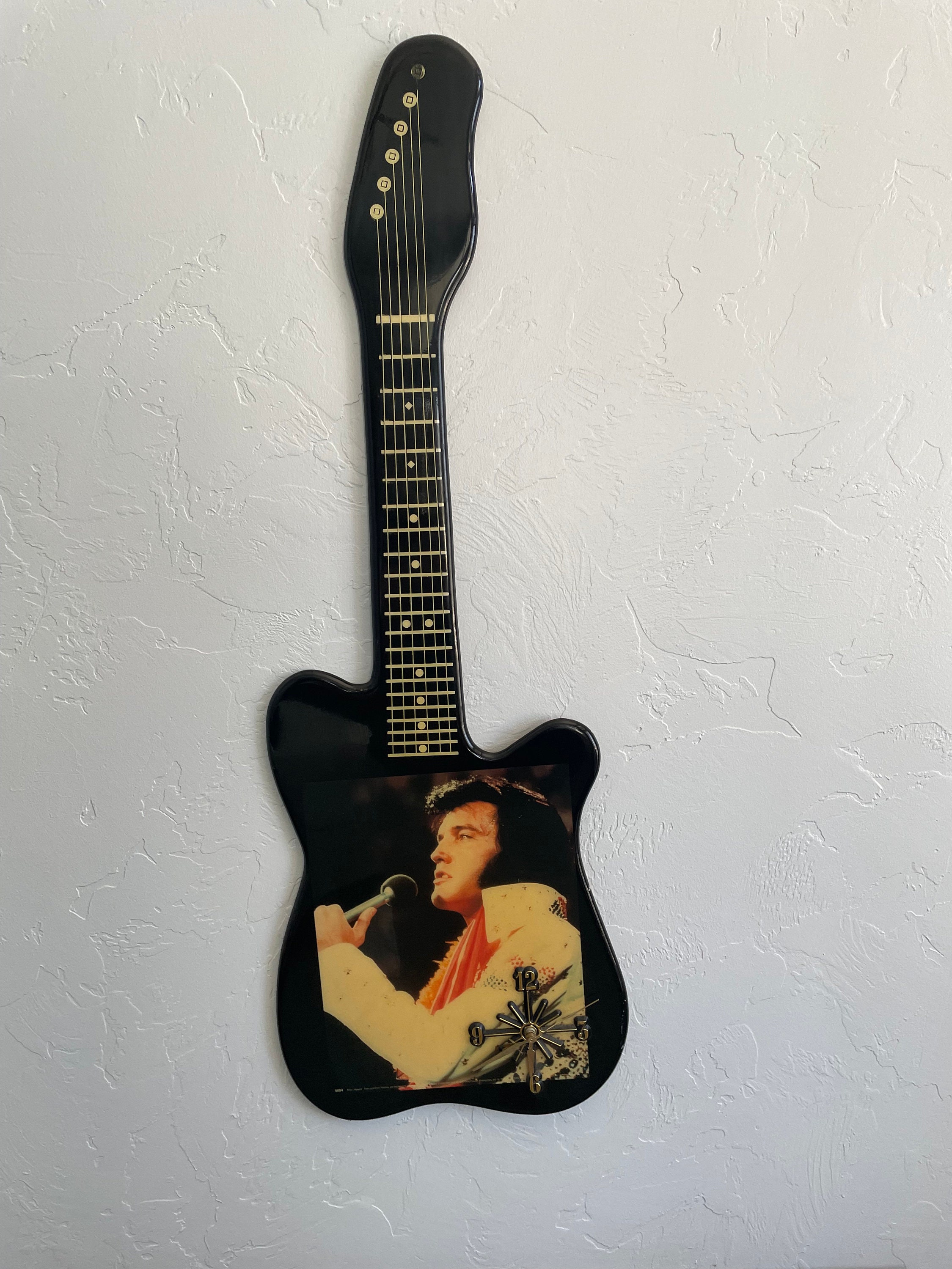 Vintage Elvis Presley Guitar Clock Lacquered Wood Wall Hanging Guitar ...