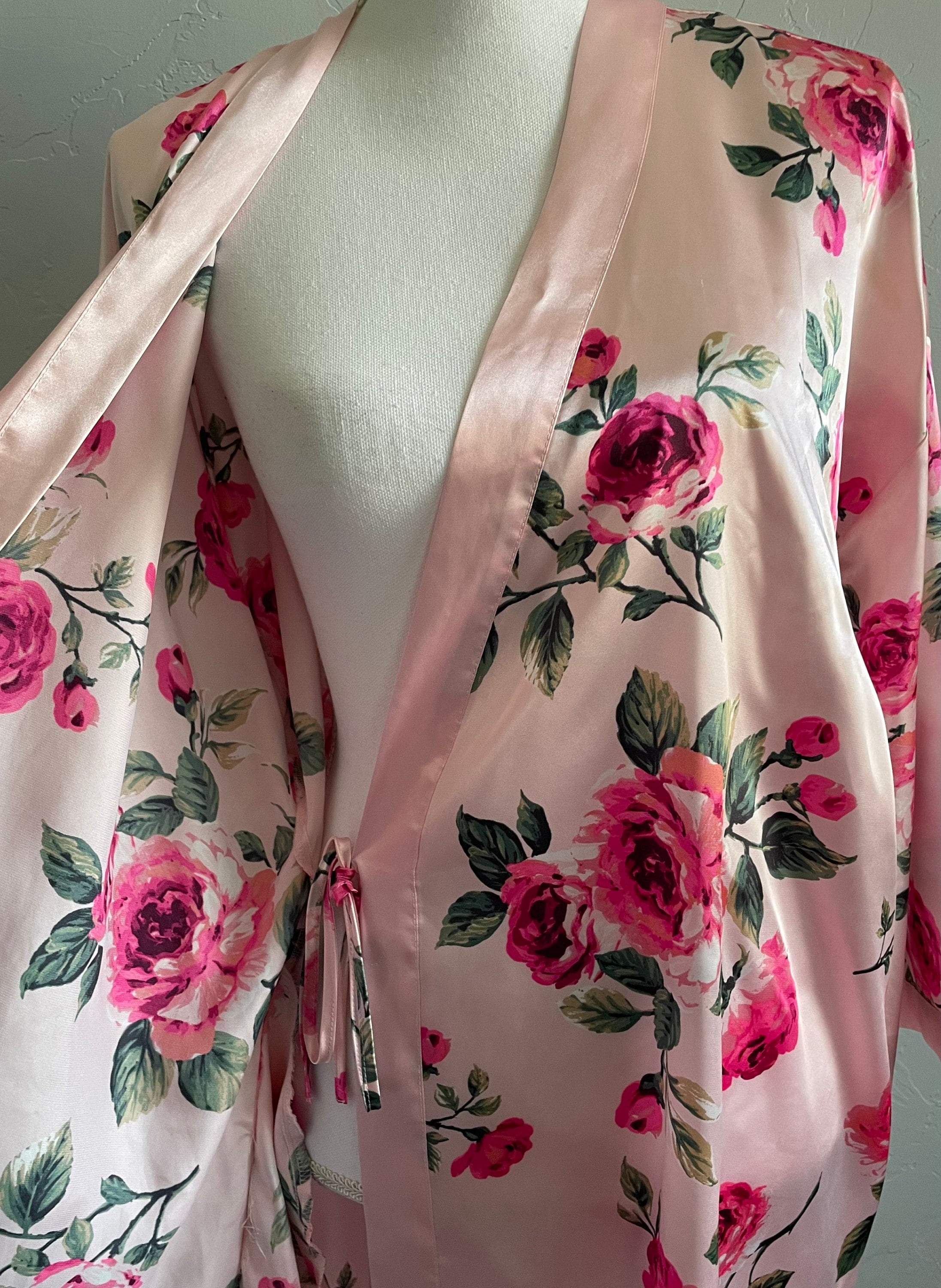 1980s Pink Floral Print Satin Robe Vintage Dressing Gown L/XL Floral ...