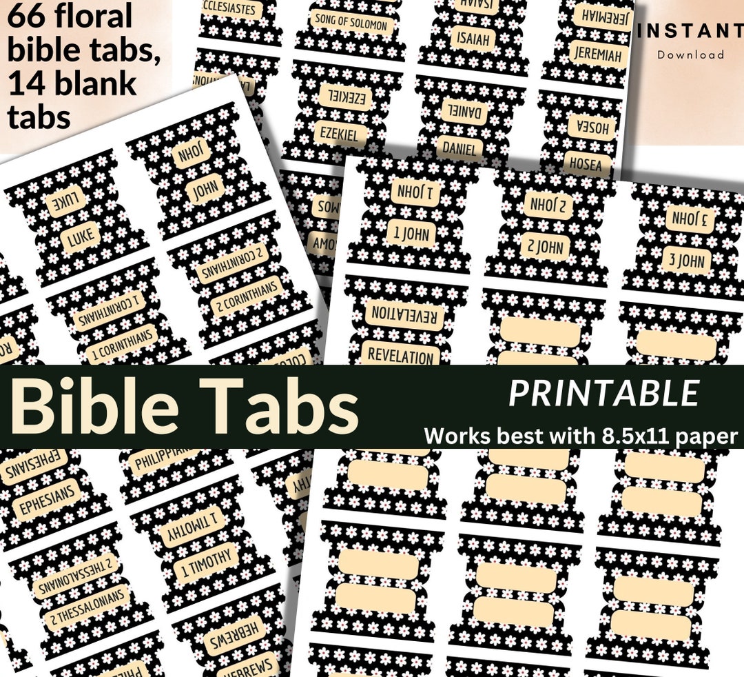 Printable Tabs for Bible- White Flowers on Black Background - 66 Books ...