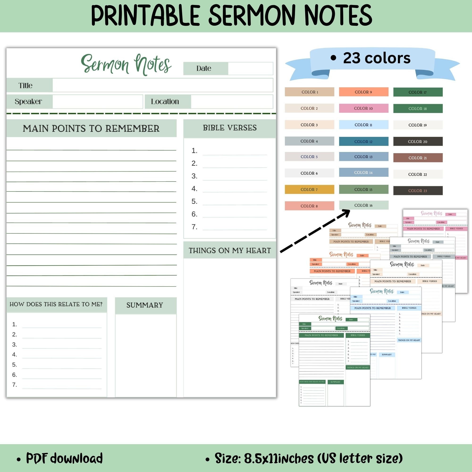 Printable Sermon Note-taking Sheets - 23 Colors in PDF Instant Download ...