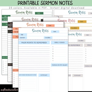 Printable Sermon Note-taking Sheets - 23 Colors in PDF Instant Download ...