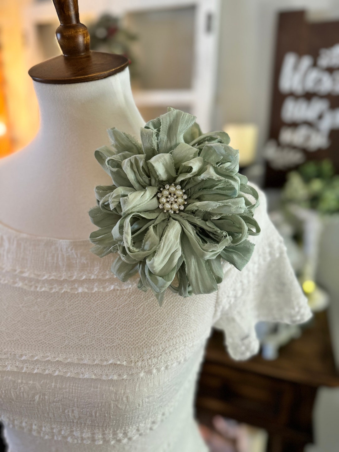 Mint Green Fabric Flower Pin/up-cycled/vintage Brooch/distressed ...
