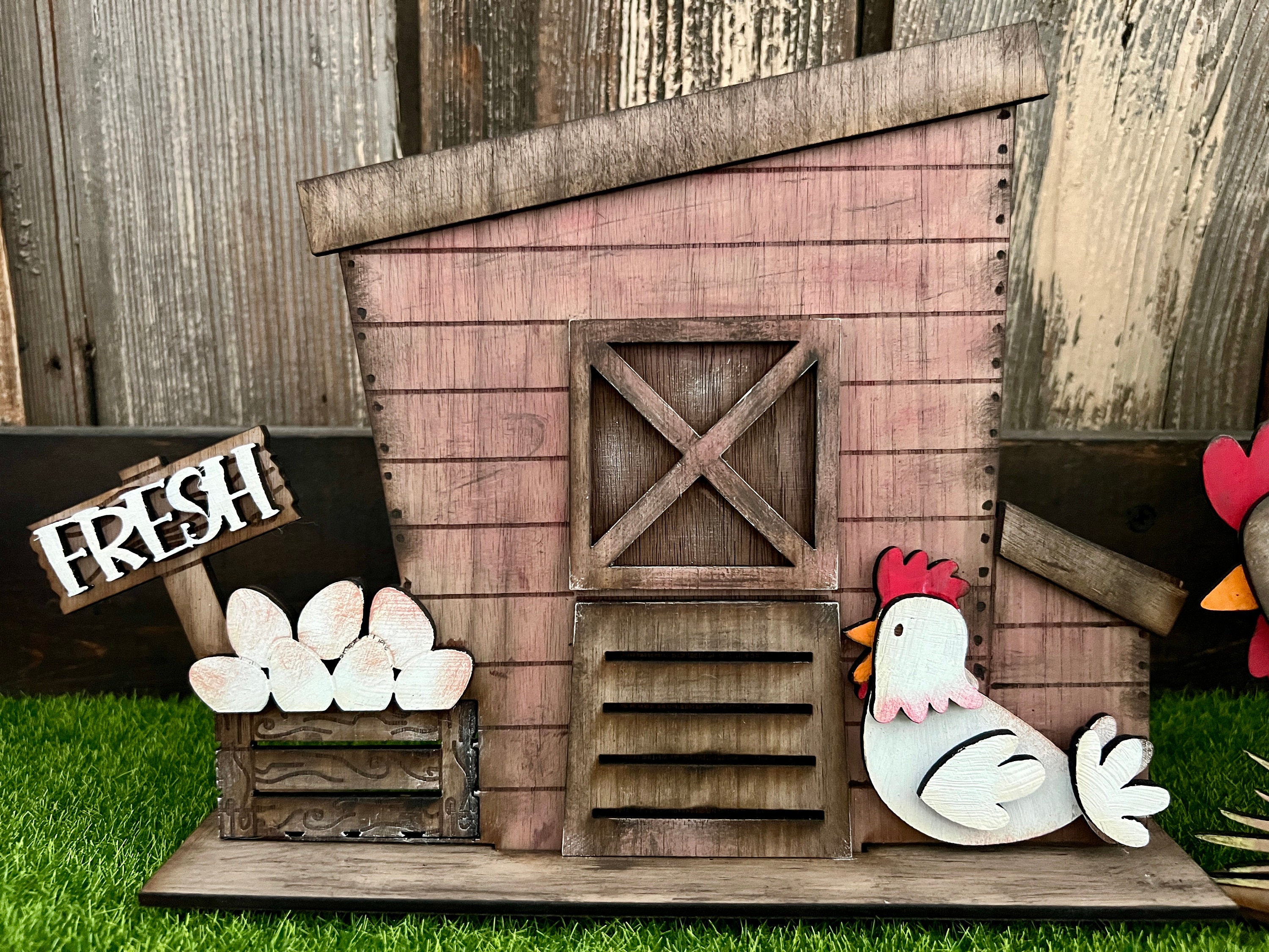 Rustic Chicken Coop 3D Layered Hand Painted Freestanding Shelf Sitter 2 ...