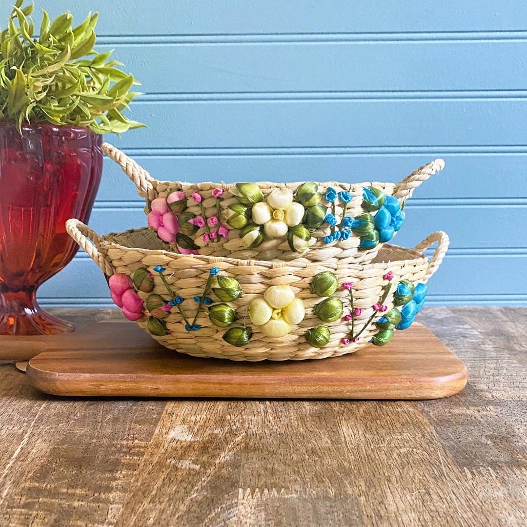Vintage Round Floral Raffia Baskets Linen Lined With Handles/set of 2 ...