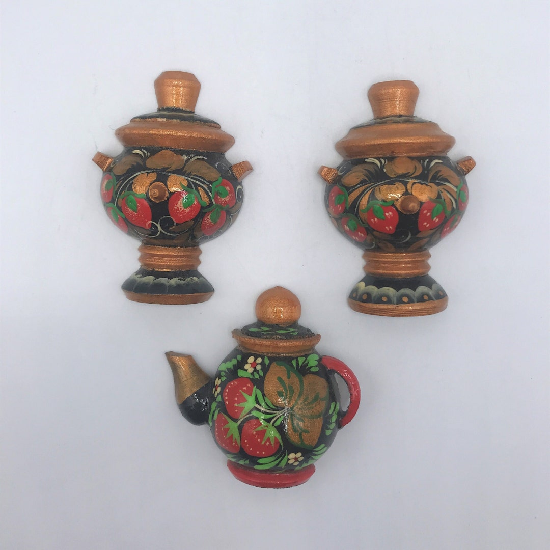 Russian Khokhloma Hand Painted Lacquered Wood Refrigerator Magnets ...