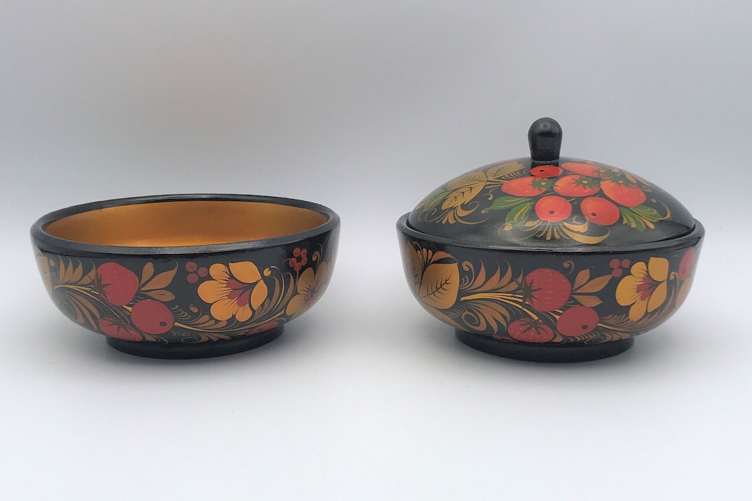 Russian Khokhloma Hand Painted Wood Lacquer Bowls/pair/one Lid ...