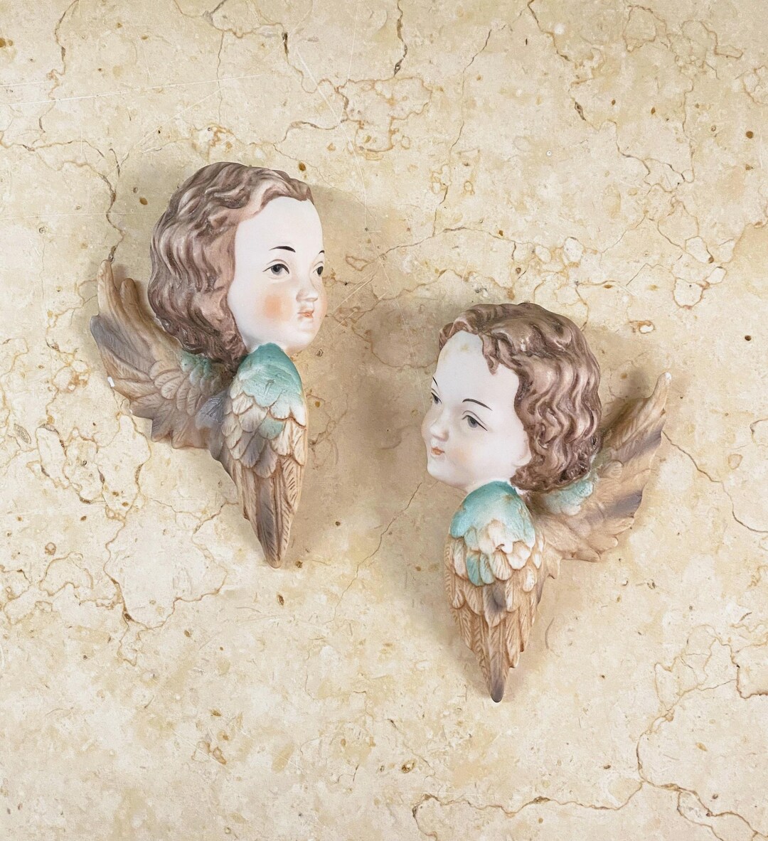 Vintage Pair Lefton Cherub Angel Heads Bisque Porcelain Wall Decor/1154 ...