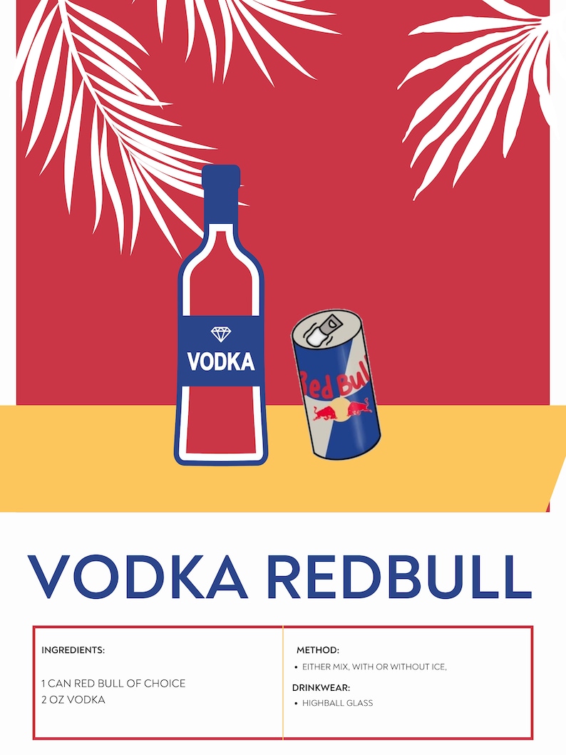 Vodka Redbull Drink Print, Vodka Redbull Drink Poster, Classic Cocktail ...