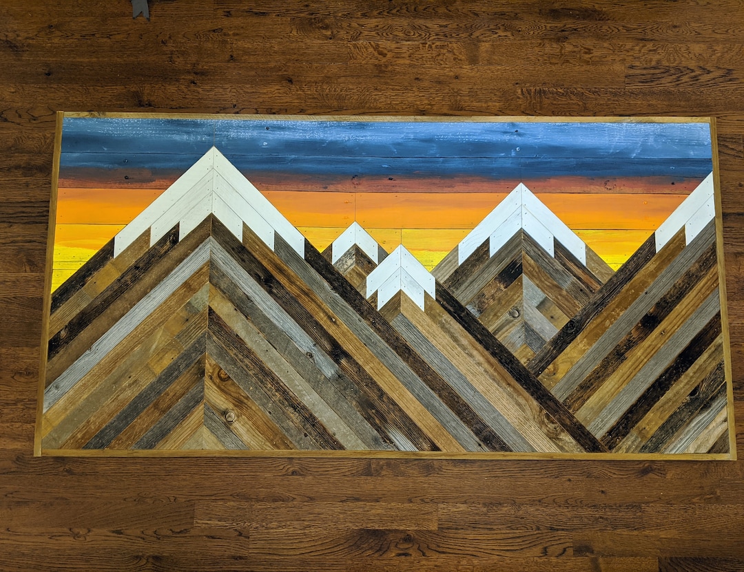 Rustic Mountain Wood Wall Art Asymetrical With Sunrise. Hand Crafted ...