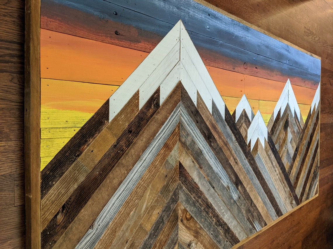 Rustic Mountain Wood Wall Art Asymetrical With Sunrise. Hand | Etsy