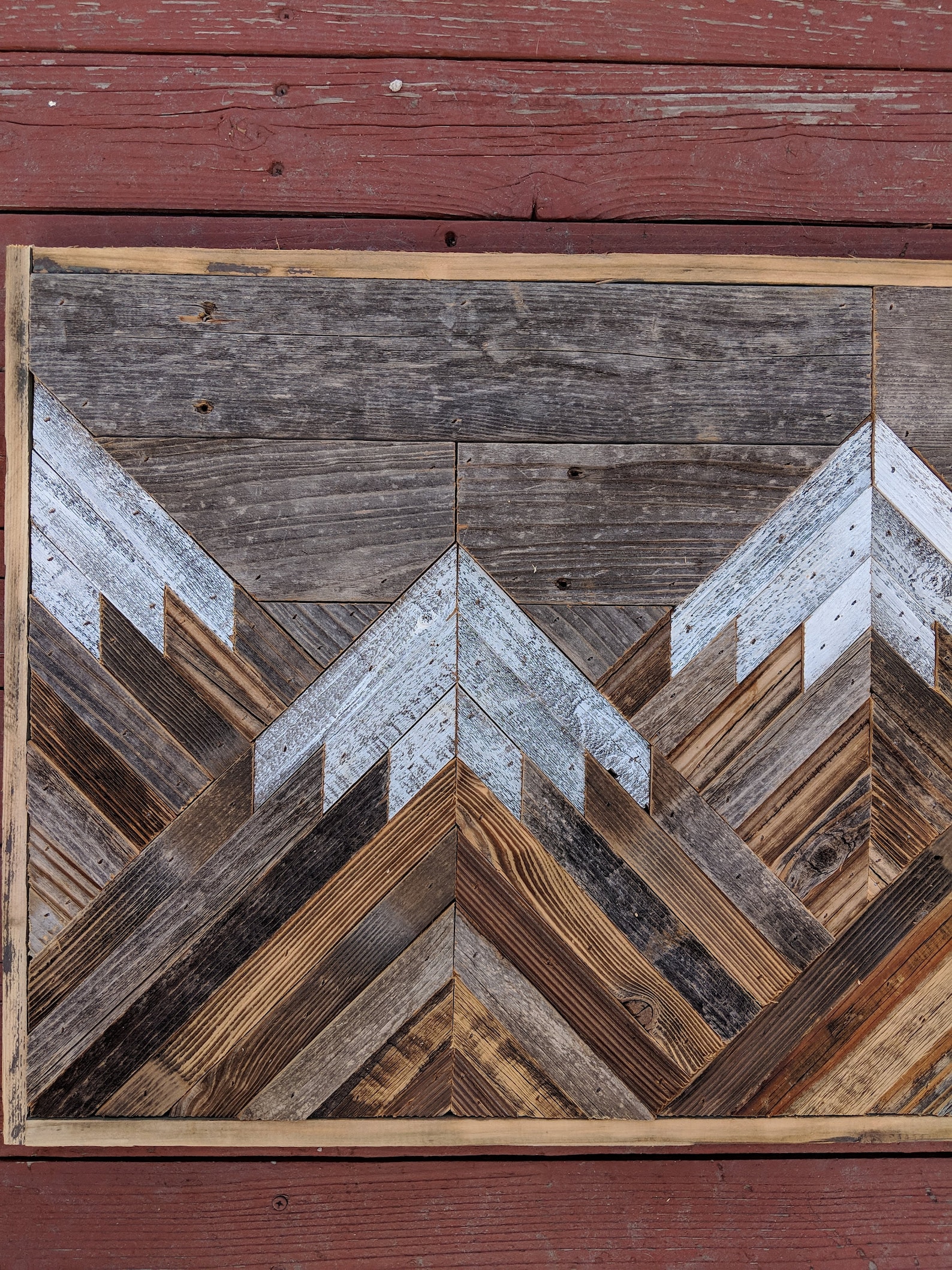 Rustic Mountain Wood Wall Art Panoramic With Gray Sky. Hand Crafted ...