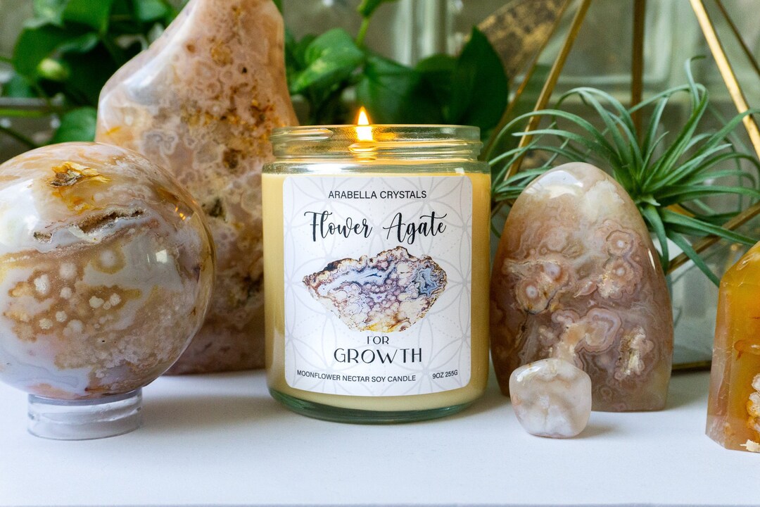 Flower Agate Crystal Candle: Moonflower Nectar Scented Soy Candle - Etsy