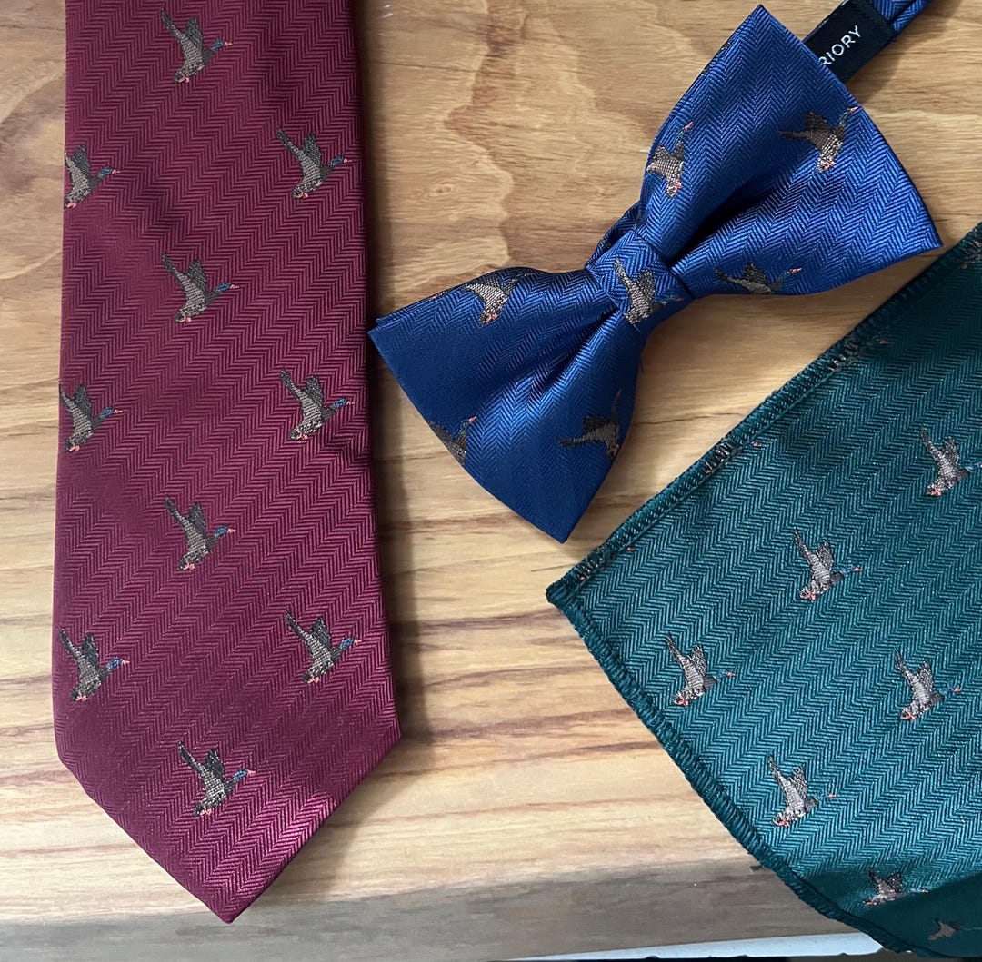 Flying Duck / Mallard Embroidered Tie, Pocket Square, Bow Tie - Dark ...