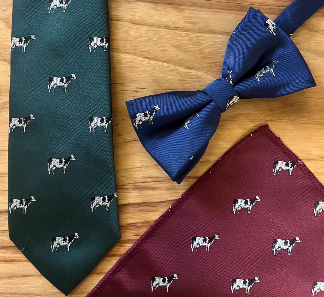 Embroidered Cow Tie, Pocket Square, Bow Tie, Navy & Green Burgundy ...