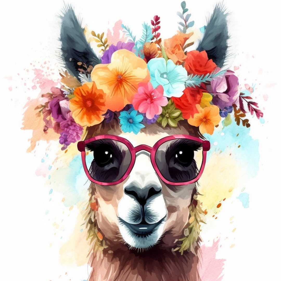 Wall Art of Boho Chic Watercolour Llama With a Crown of Flowers and ...