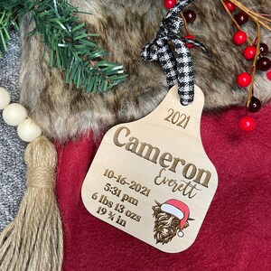 Personalized Baby's First Christmas Ornament: Ear Tag With Birth Stats ...