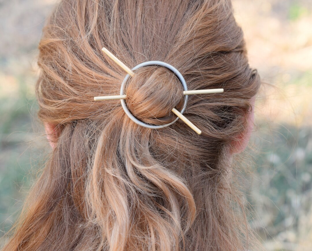 Silver Circle Hair Barrette With Brass 2 Sticks - Etsy