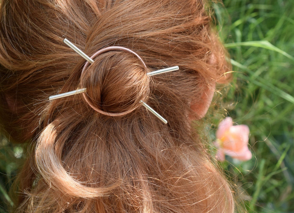 Copper Circle Hair Barrette With 2 German Silver Sticks - Etsy