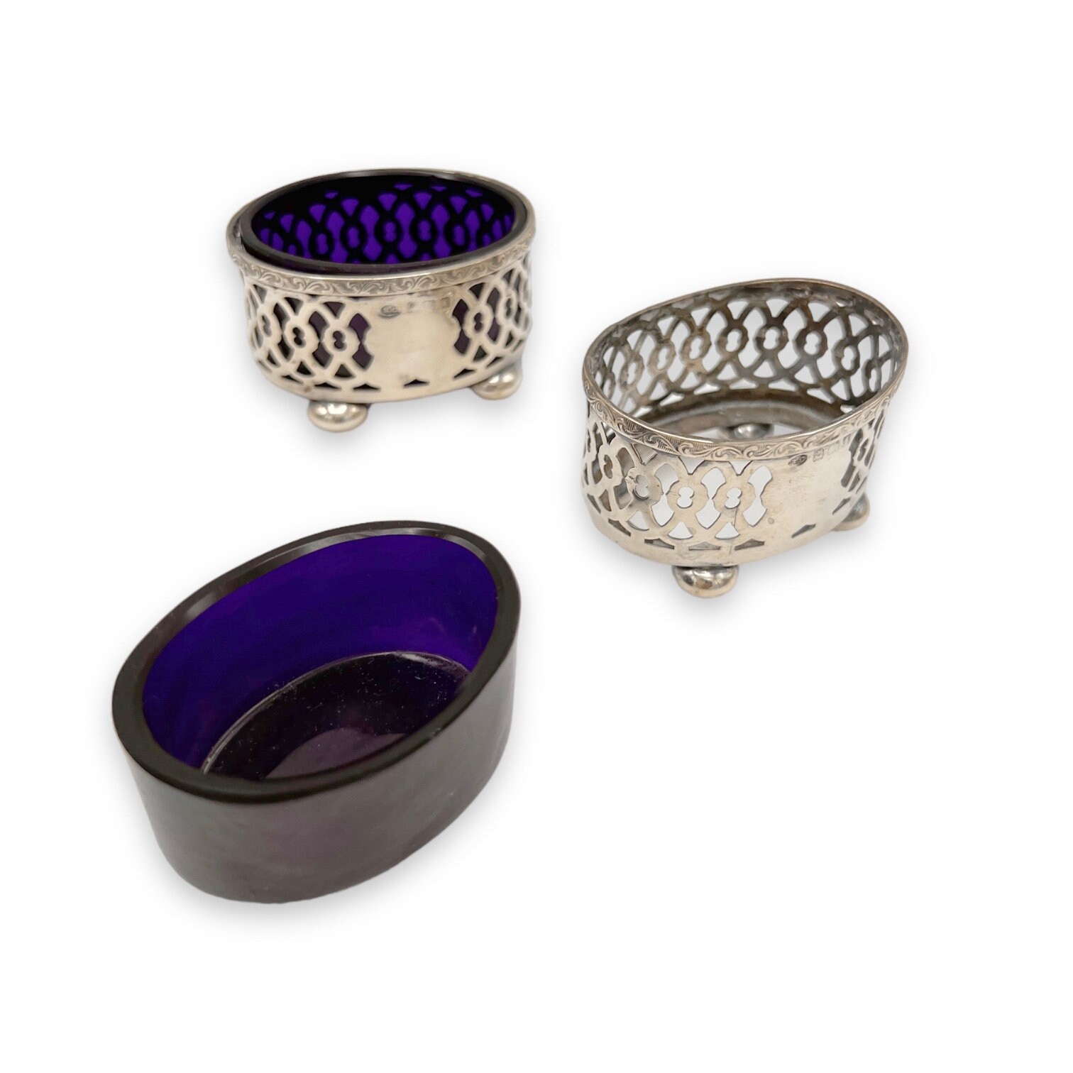Round Sterling Silver Open Salts PAIR With Perforated Tail / Carriage ...